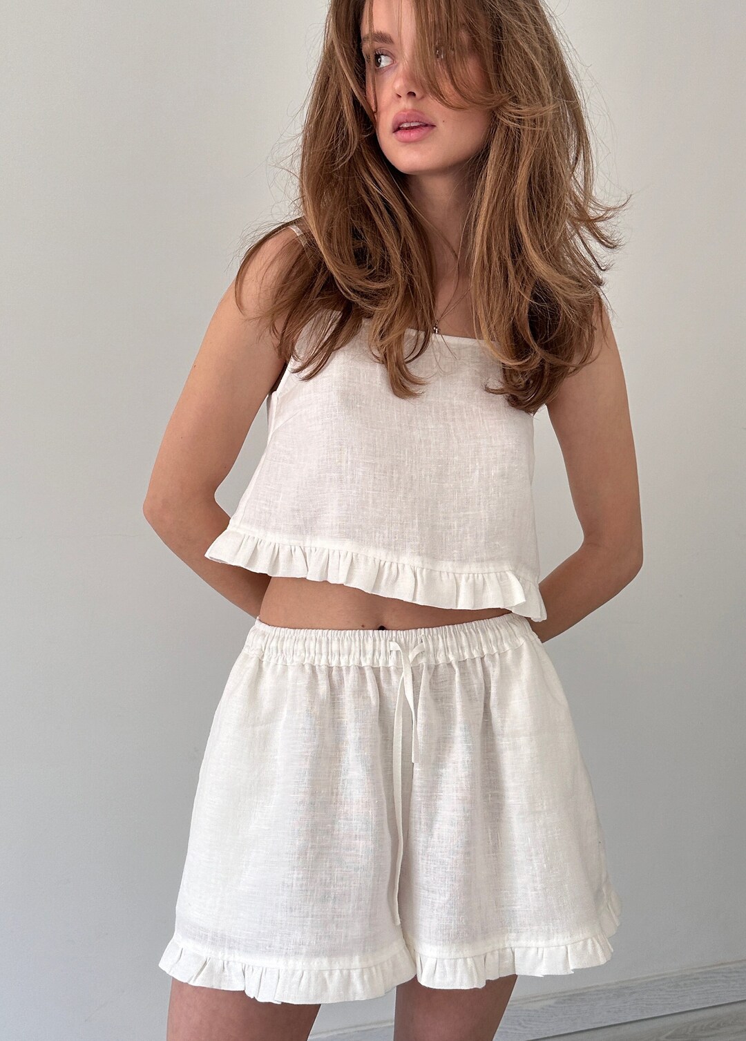 White Linen Top and Shorts, Linen Suit for Women, Ruffle White Top and ...