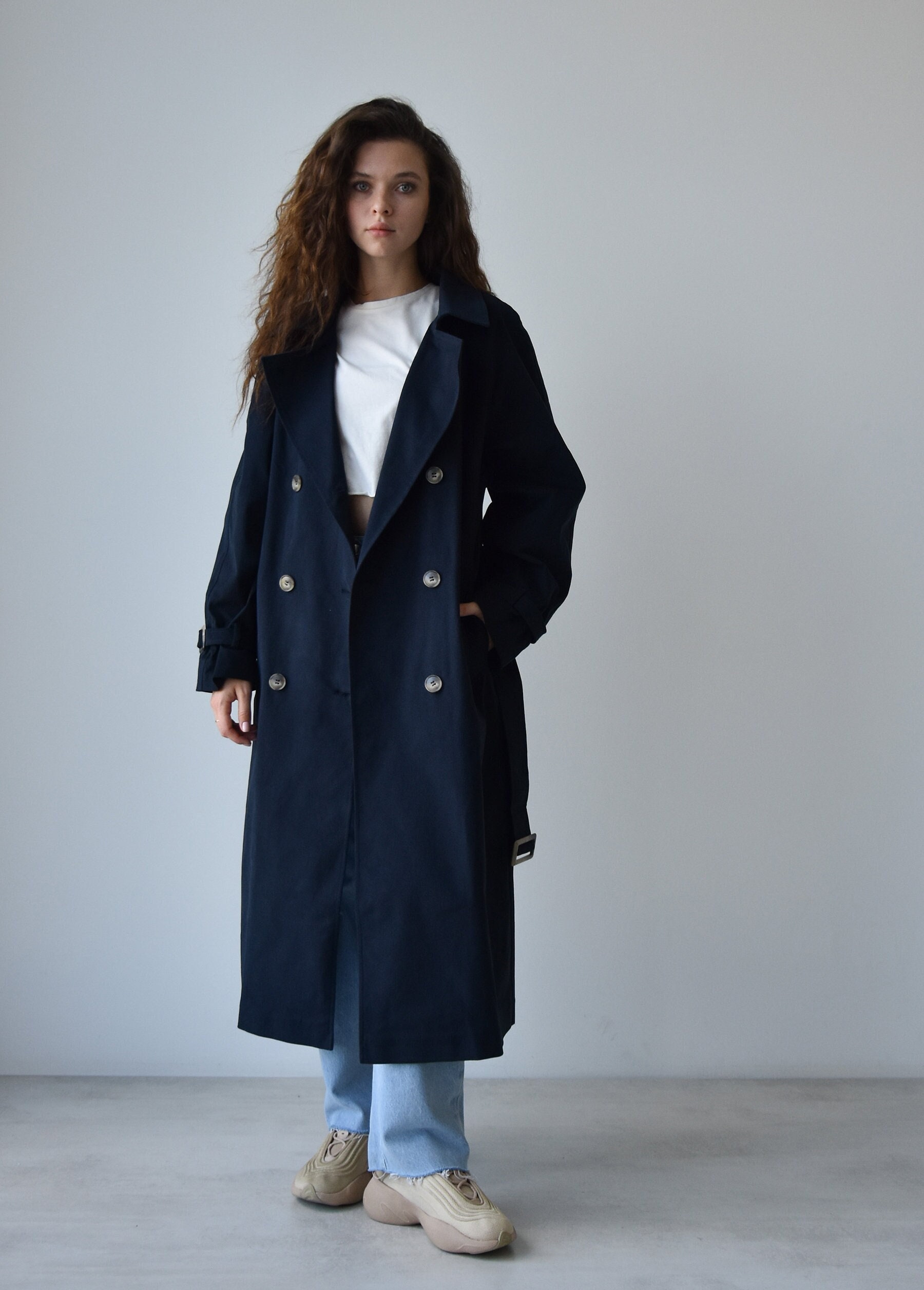 Blue Long Trench Coat for Women, Vintage Oversized Trench Coat, Women's ...