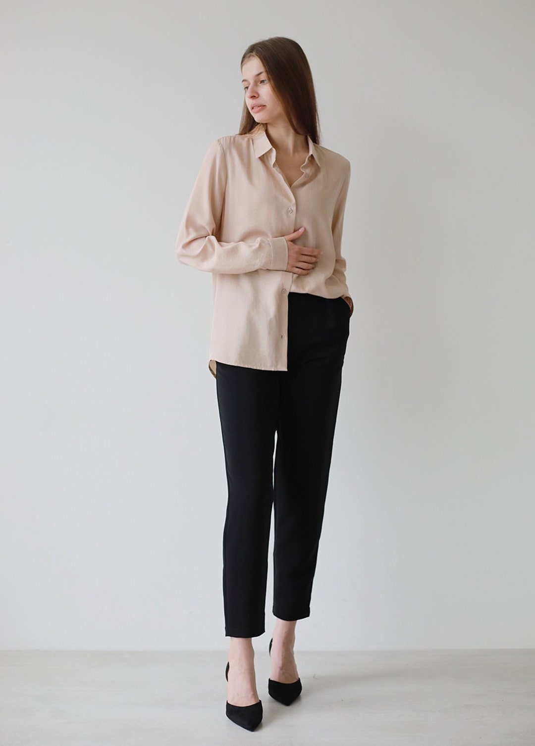 Beige Silk Blouse Silk Top for Women Button up Formal Silk - Etsy