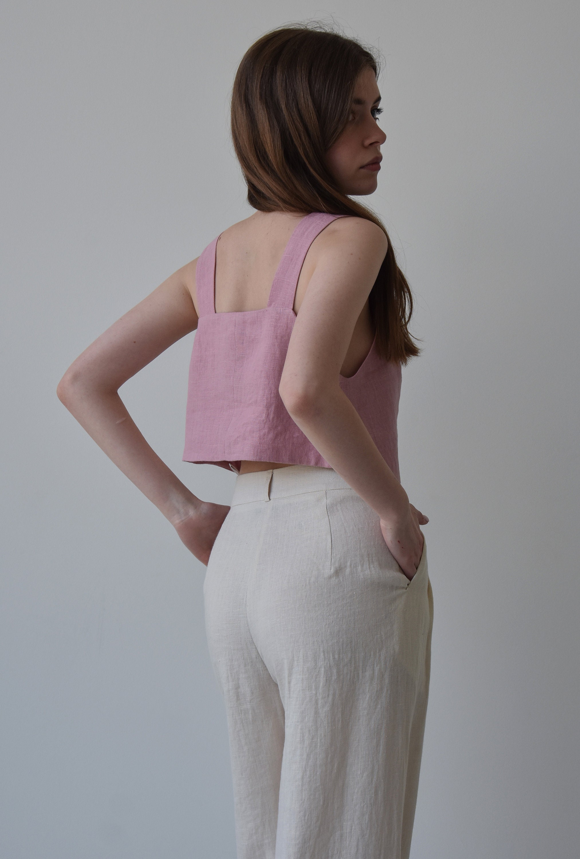 Linen Crop Top Wide Straps Light Ash Pink Cropped Linen Top - Etsy