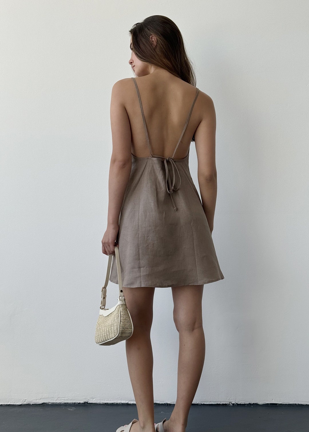 Beige Linen Dress, Linen Backless Dress, Summer Mini Dress for Women ...