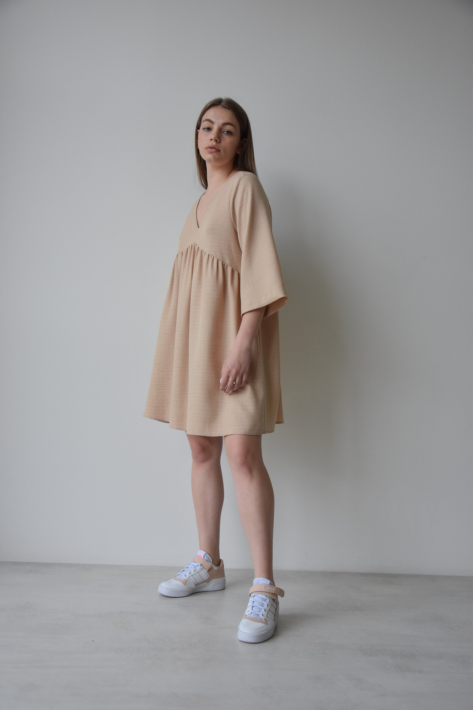 Beige Mini Flowing Viscose Dress A-line Loose Open Back - Etsy