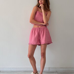 Womens Pink Linen Crop Top Only XS Size, Summer Sleeveless Ruffle Top ...