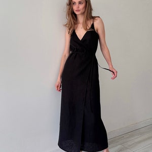 Linen Summer Wrap Dress, Black Sleevless Midi Sundress, Casual Linen ...