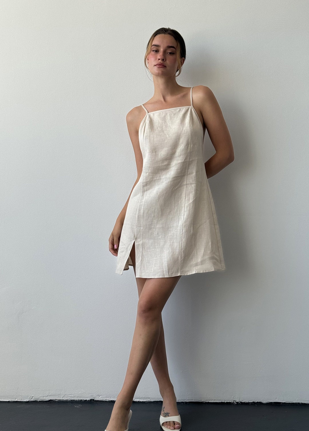 Beige Linen Dress, Linen Backless Dress, Summer Mini Dress for Women ...