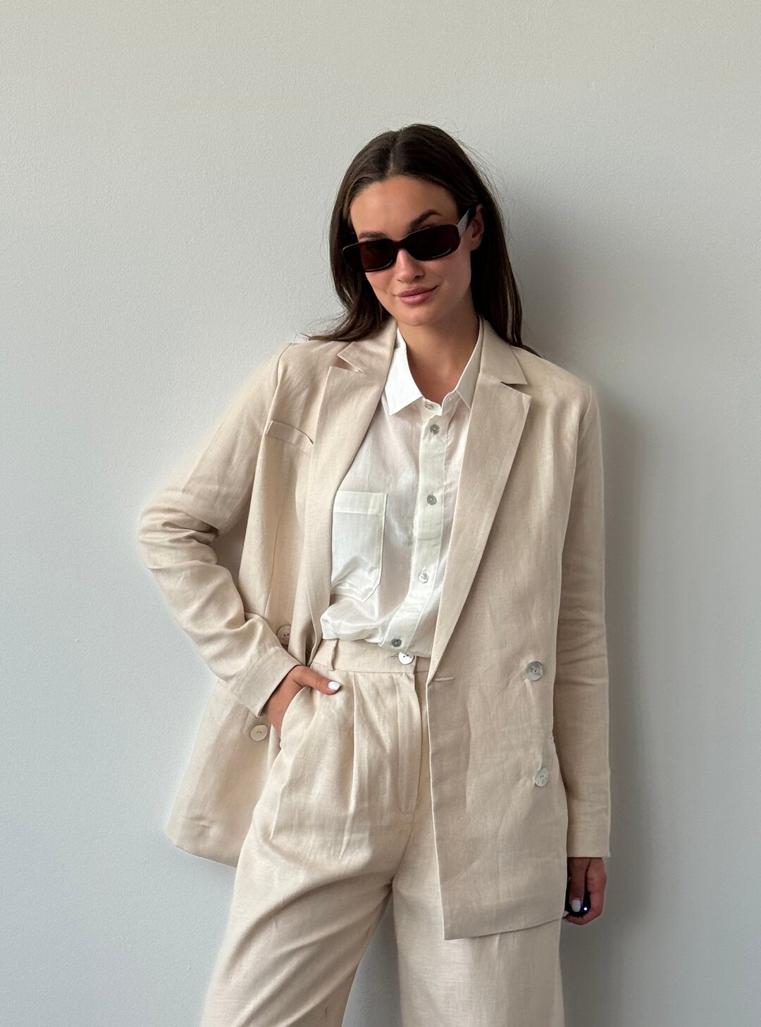 Linen Beige Blazer for Womens, Casual Beige Linen Jacket, Double ...