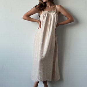 Summer Backless Dress, Beige Long Cotton Dress With Ruffles, Maxi Open Back Dress, Casual ...