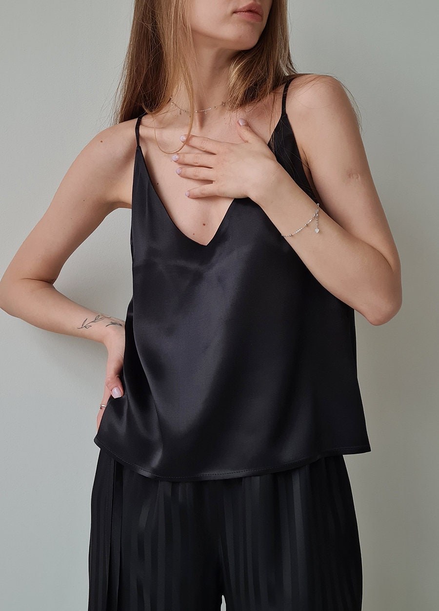 Deep V Neck Camisole Top, Black Cami Top, Bias Cut V Tank Top With ...