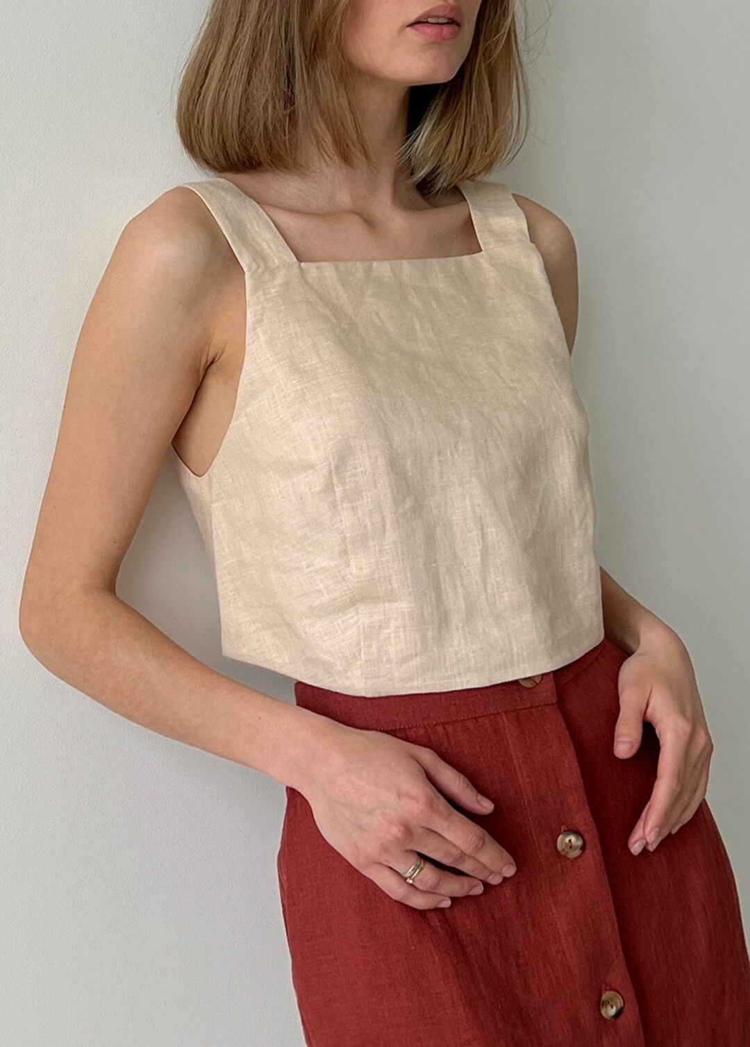 Beige Linen Crop Top Linen Tank Top Square Neck Linen Top - Etsy