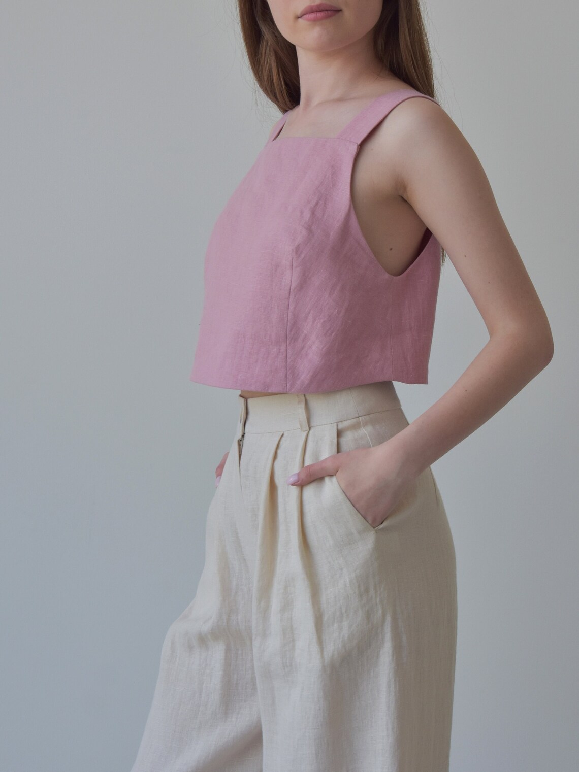 Linen Crop Top Wide Straps Light Ash Pink Cropped Linen Top - Etsy