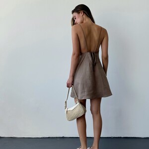 Beige Linen Dress, Linen Backless Dress, Summer Mini Dress for Women ...