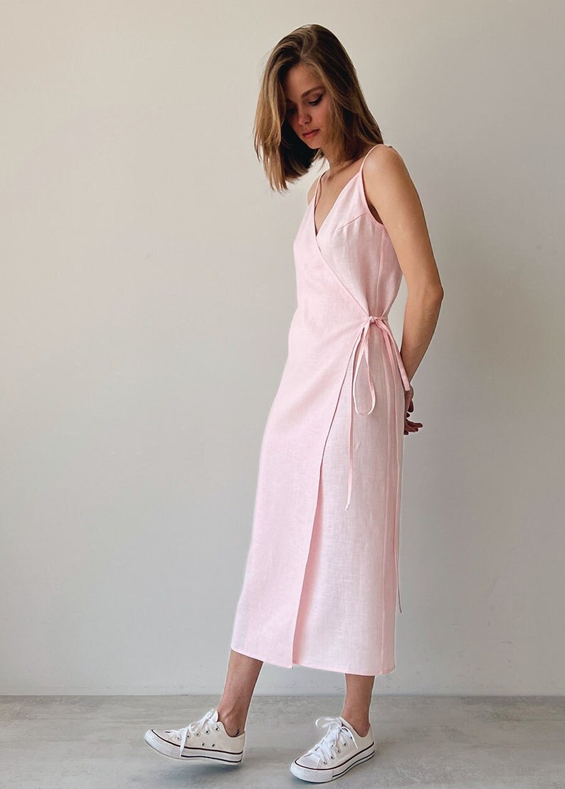 Linen Pink Summer Wrap Dress Sleevless Midi Sundress Casual - Etsy