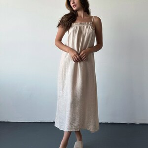 Summer Backless Dress, Beige Long Cotton Dress With Ruffles, Maxi Open Back Dress, Casual ...