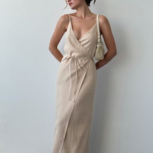 Linen Summer Wrap Dress, Beige Long Linen Dress, Maxi Linen Dress With ...