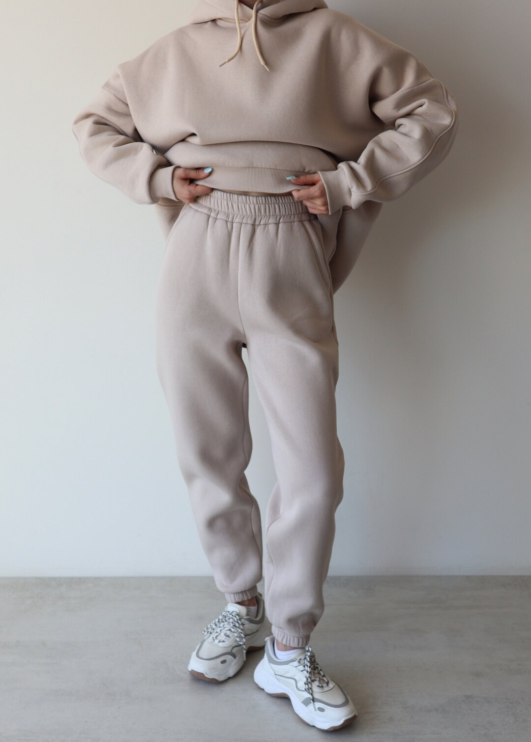 Beige Sweatpants, High Rise Joggers, Warm Fleece Sweatpants for Women ...