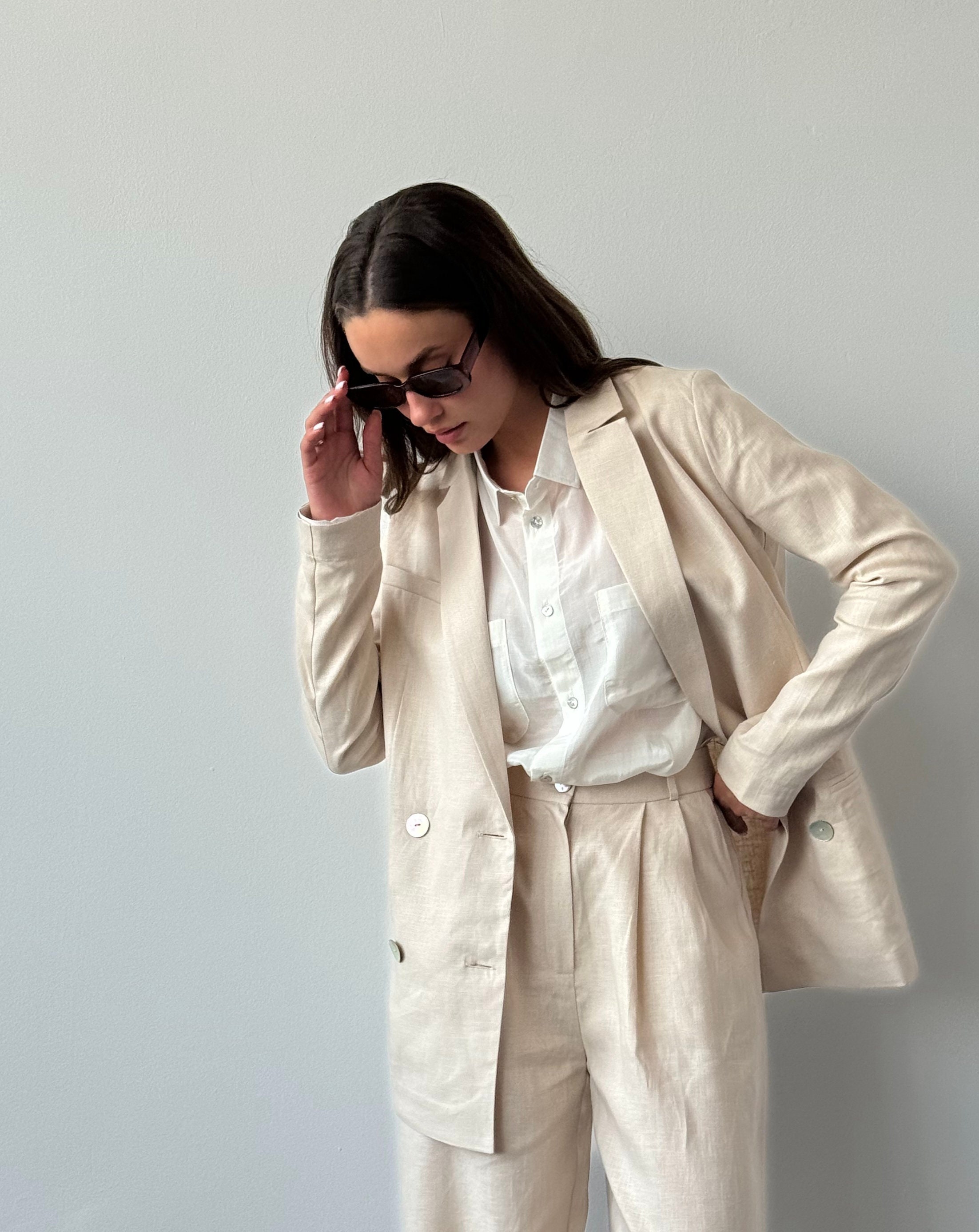 Linen Beige Blazer for Womens, Casual Beige Linen Jacket, Double ...