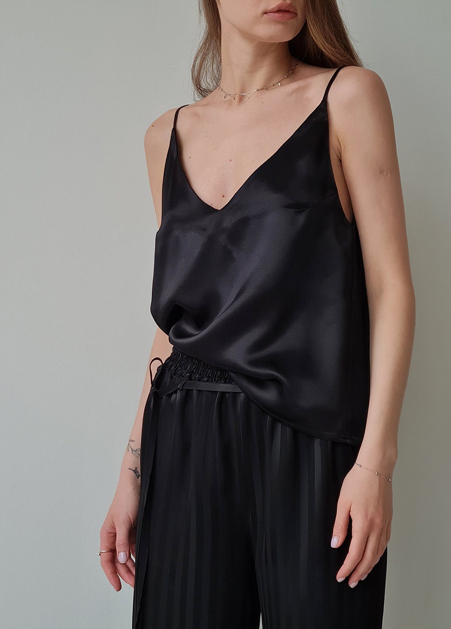 Deep V Neck Camisole Top, Black Cami Top, Bias Cut V Tank Top With ...