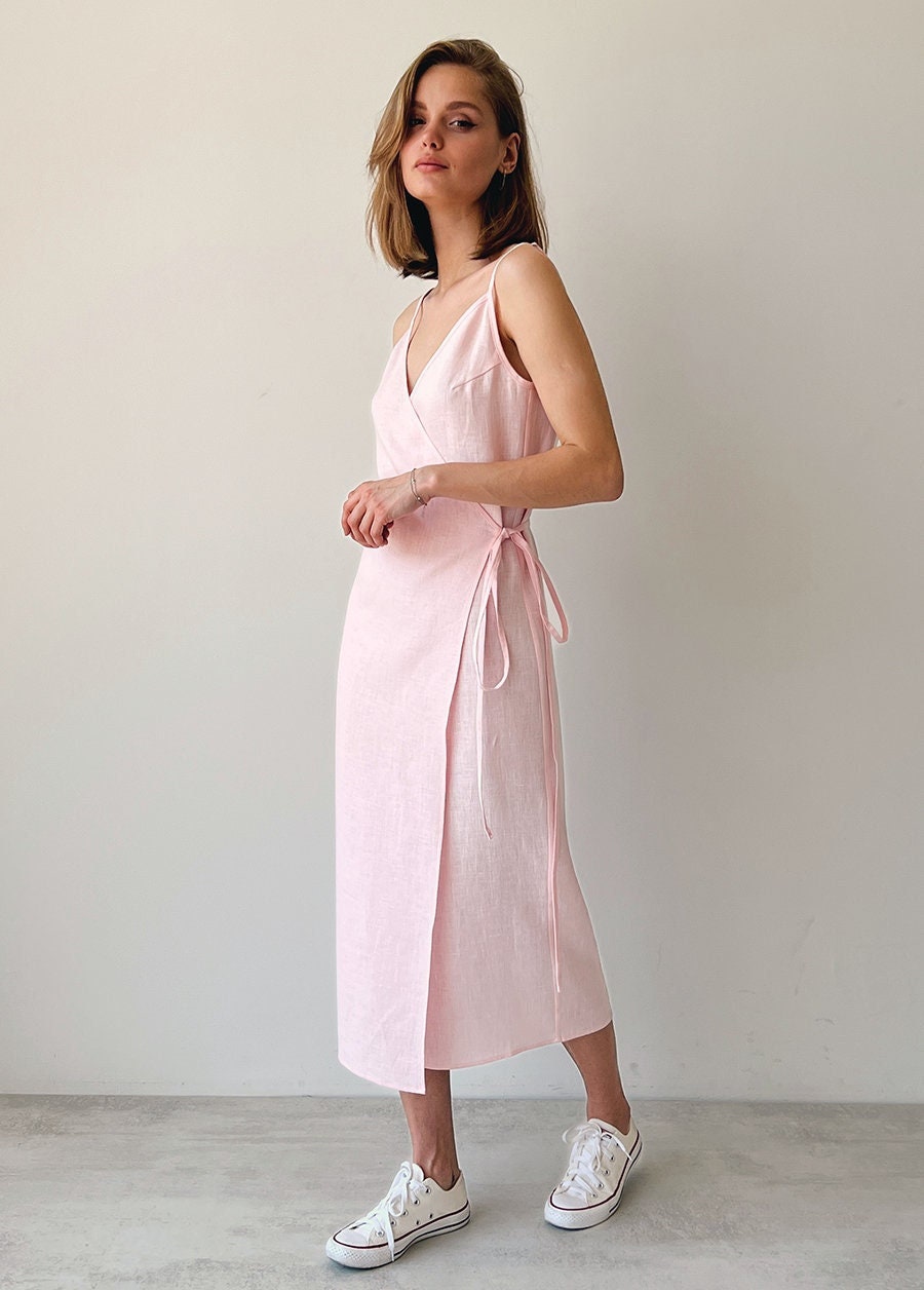Linen Pink Summer Wrap Dress Sleevless Midi Sundress Casual - Etsy