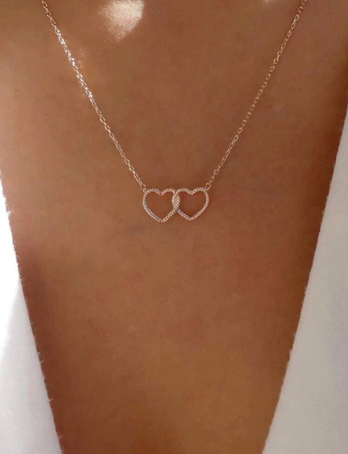 Double Heart Necklace Gold Double Heart Necklace Double - Etsy