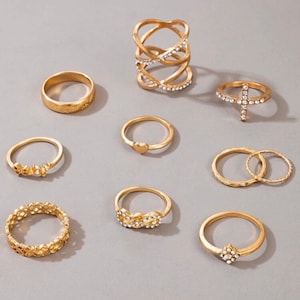 10 Pic Rhinestone Stacking Ring, Gold Stacking Ring Set, Cross & Heart Stacking Ring Set, Ring ...