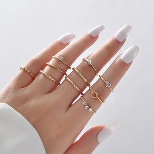 10 Piece Simple Gold Ring Set, Rhinestone Stacking Ring Set, Simple ...