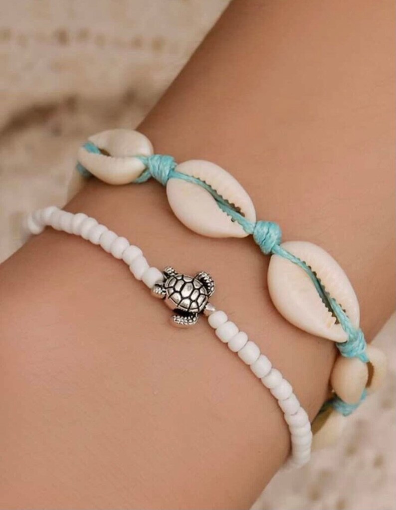 2 Pic Sea Turtle & Cowrie Shell Bracelet Set Sea Turtle Charm | Etsy