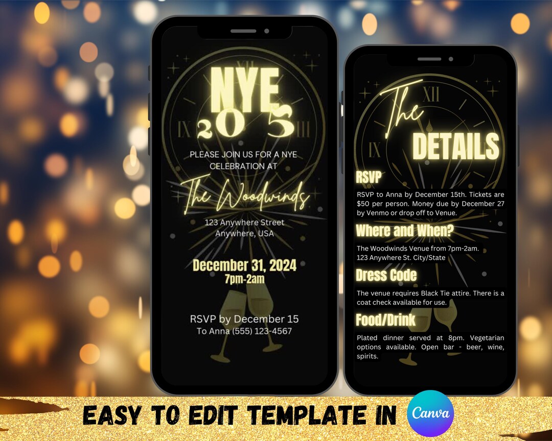Digital NYE 2025 Invitation, New Years Party Invitation, NYE Evite ...