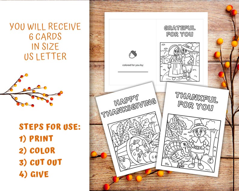 Thanksgiving Coloring Cards, Thanksgiving Coloring Pages Bundle ...