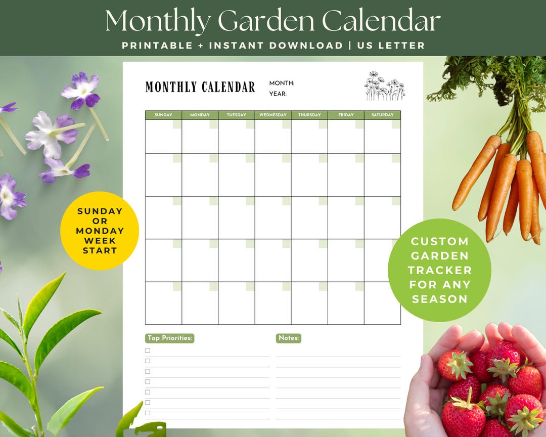 Monthly Garden Calendar, Garden Essentials, Printable Gardening Planner ...
