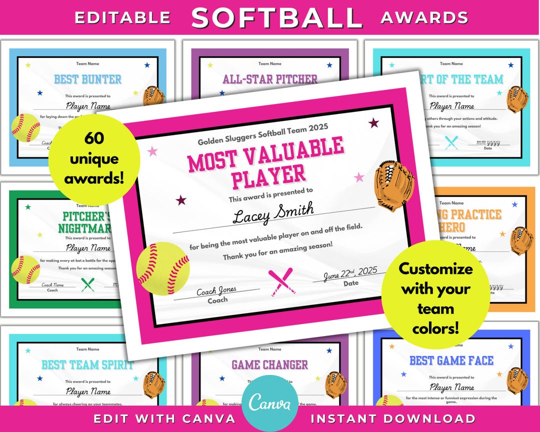Softball Certificate, Editable Softball Award Certificates, Custom ...