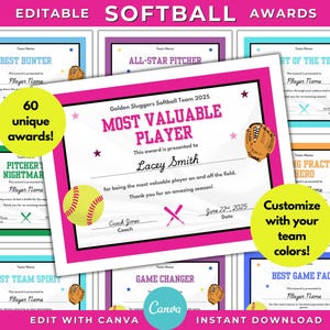 Softball Certificate, Editable Softball Award Certificates, Custom ...