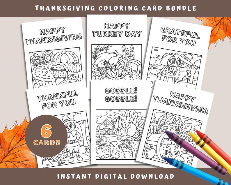 Thanksgiving Coloring Cards, Thanksgiving Coloring Pages Bundle ...