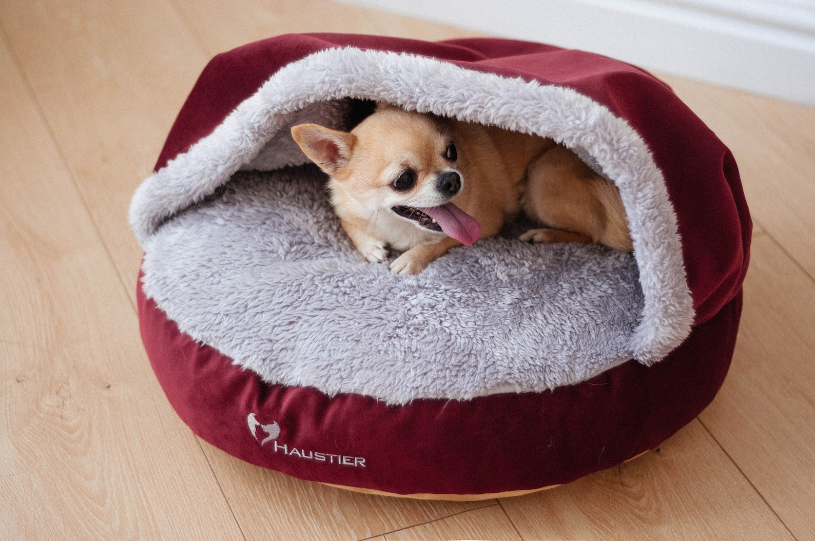 Burgundy Dog Cave Bed | Faux Fur Hooded Pet Bed - Etsy