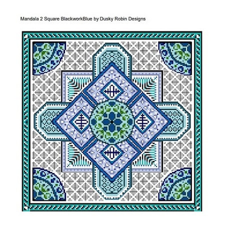 Digital Cross Stitch Pattern Mandala Blue Square With Blackwork - Etsy