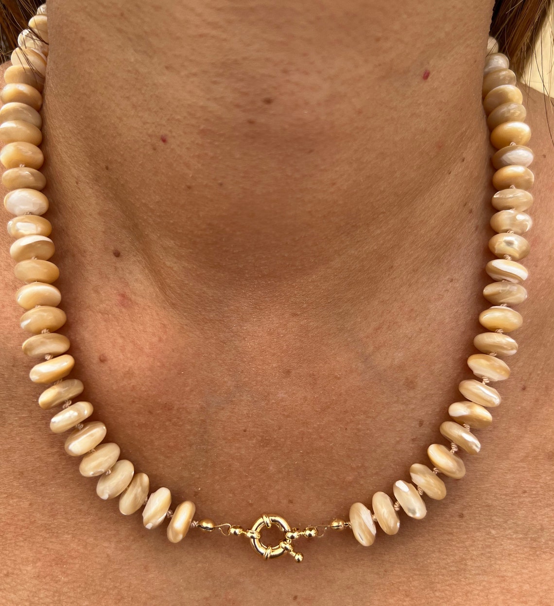 Mother of Pearl Hand Knotted Necklace, Rondelle Beads Necklace ,pearl ...