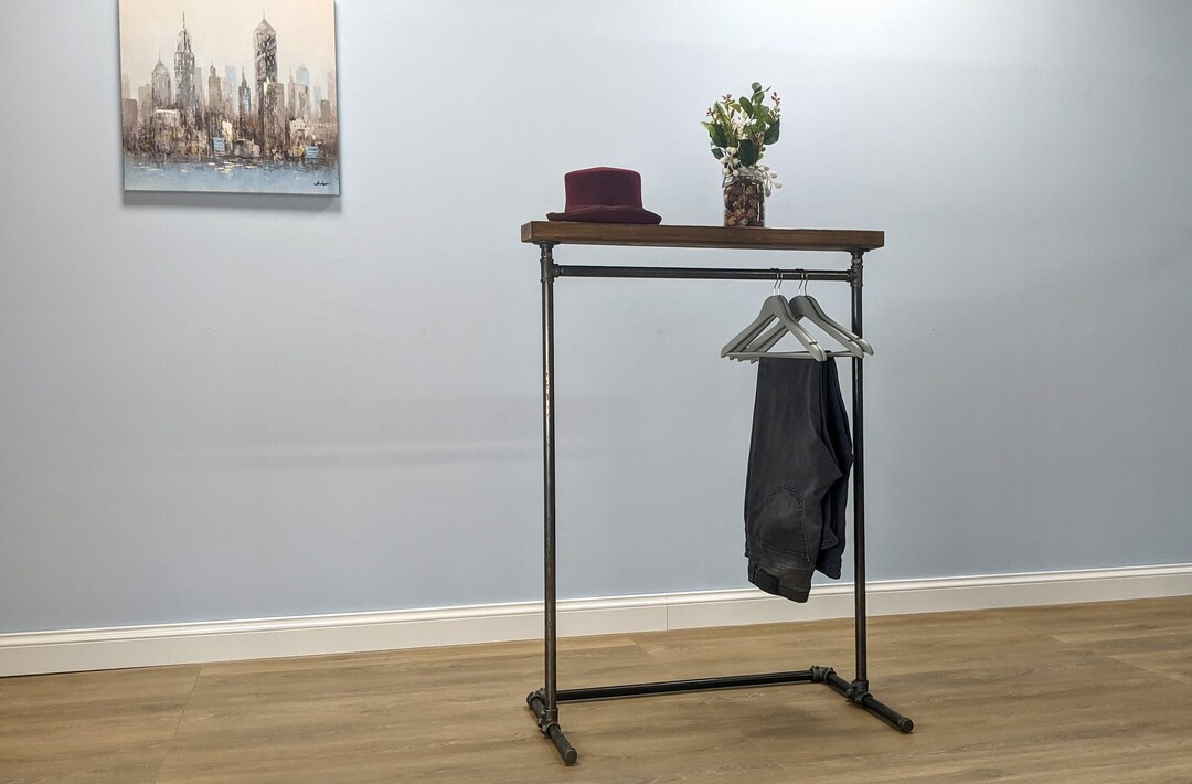 Free Standing Clothing Rack Industrial Pipe Garment Rack With Wood ...