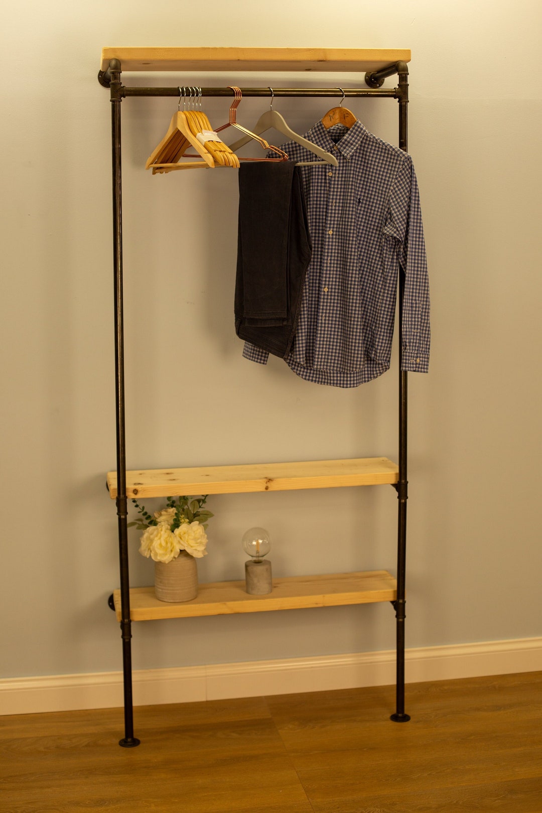 3 Tiered Shelf Clothing Rack, Wall Mounted Clothing Rack, Industrial ...