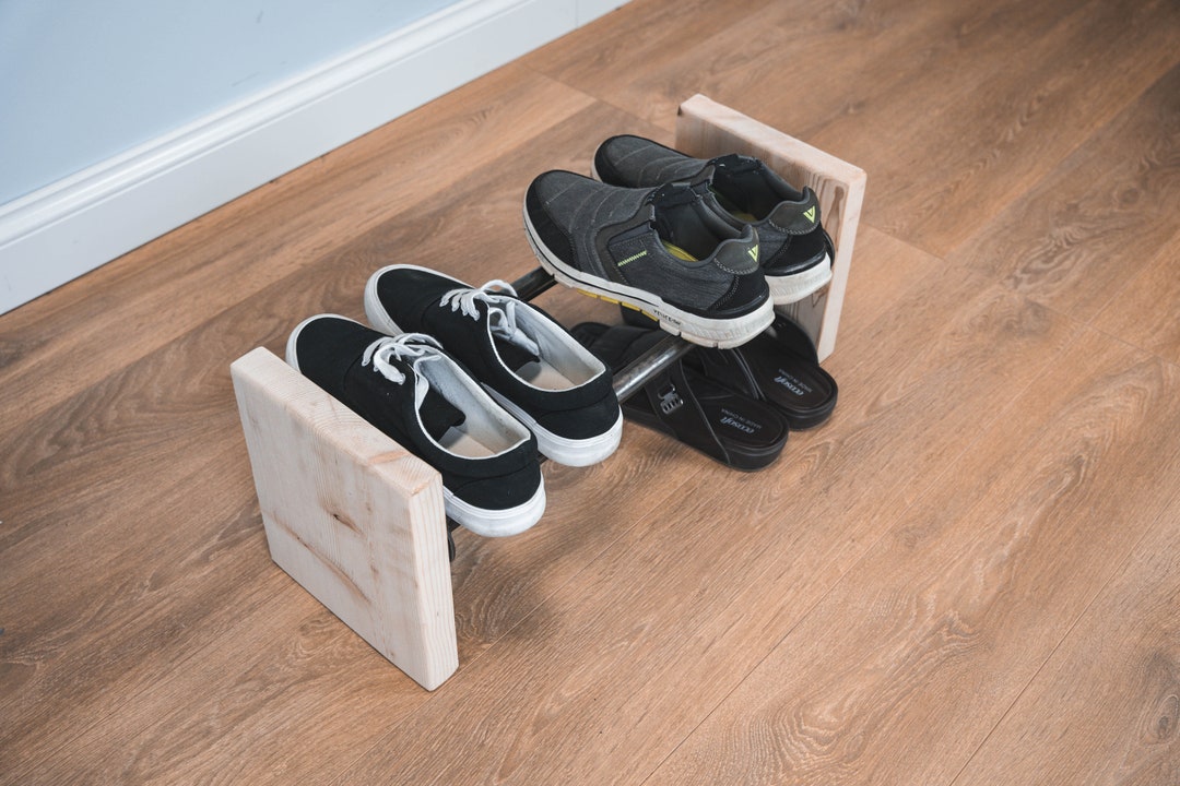 Wood and Metal Pipe Shoe Rack One Tiered Shoe Rack Storage Minimalist ...