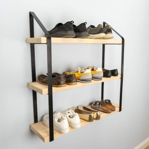 3 Tiered Black Shelf Brackets Steel and Wooden Shoe Shelves Shoe Rack ...