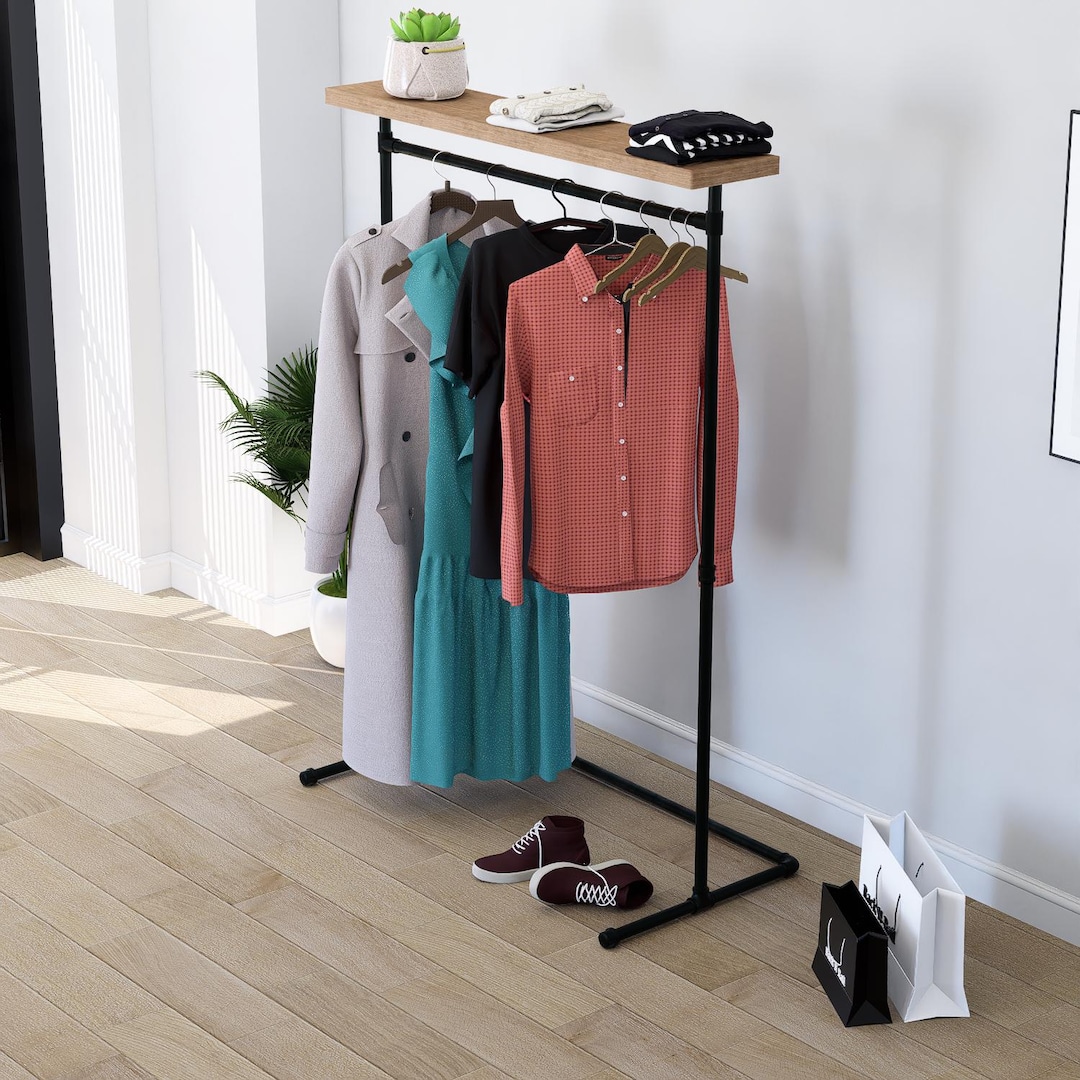 Free Standing Clothing Rack | Industrial Pipe Garment Rack With Wood ...
