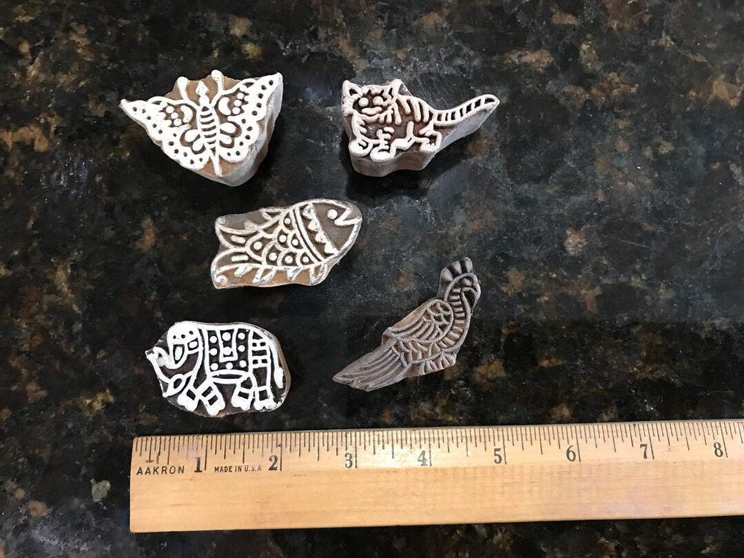 5 Hand Carved Wooden Indian Stamps Cat, Elephant, Fish, Bird, and ...