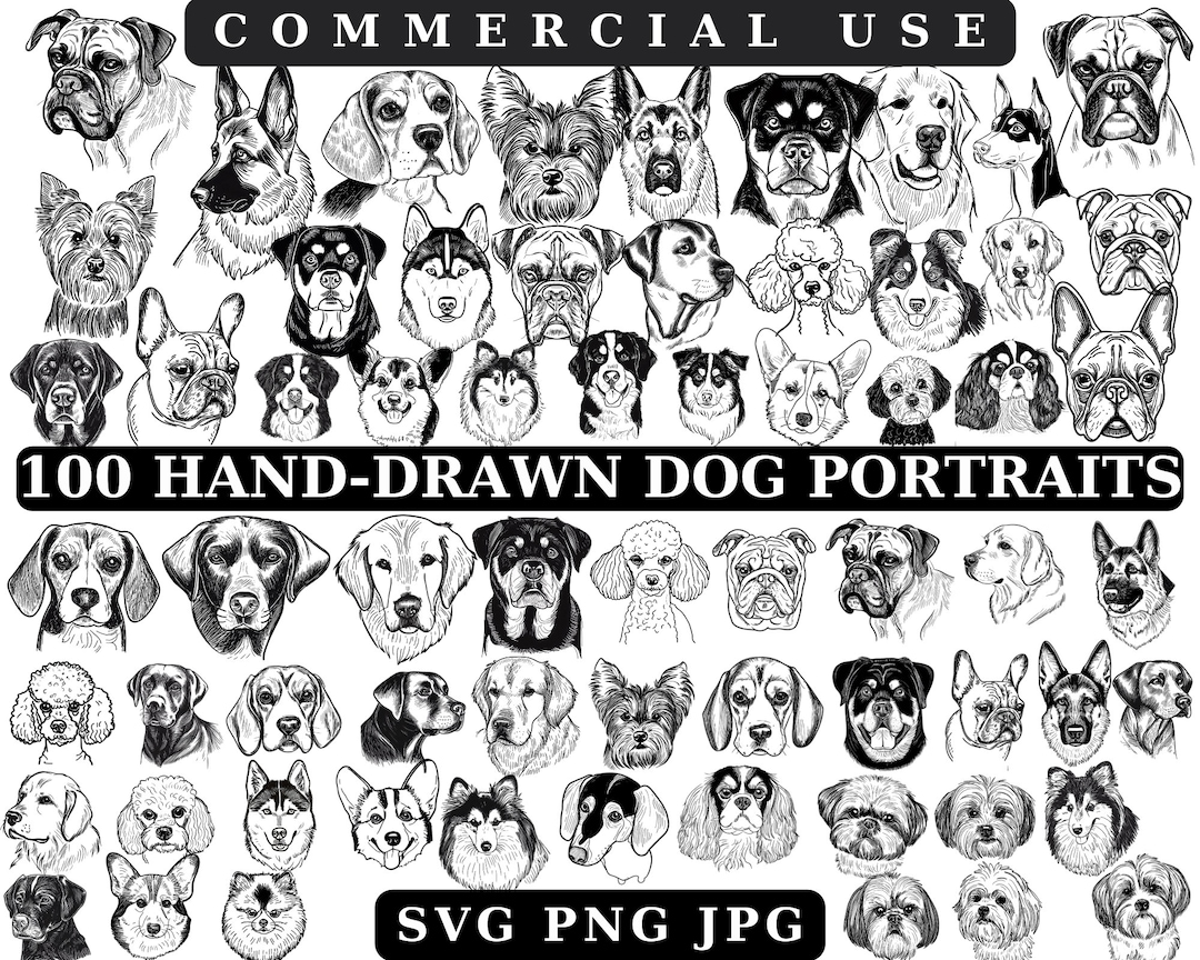 Hand-drawn Dog Breeds Clipart Bundle: 100 Mega Portraits (SVG, PNG, JPG ...