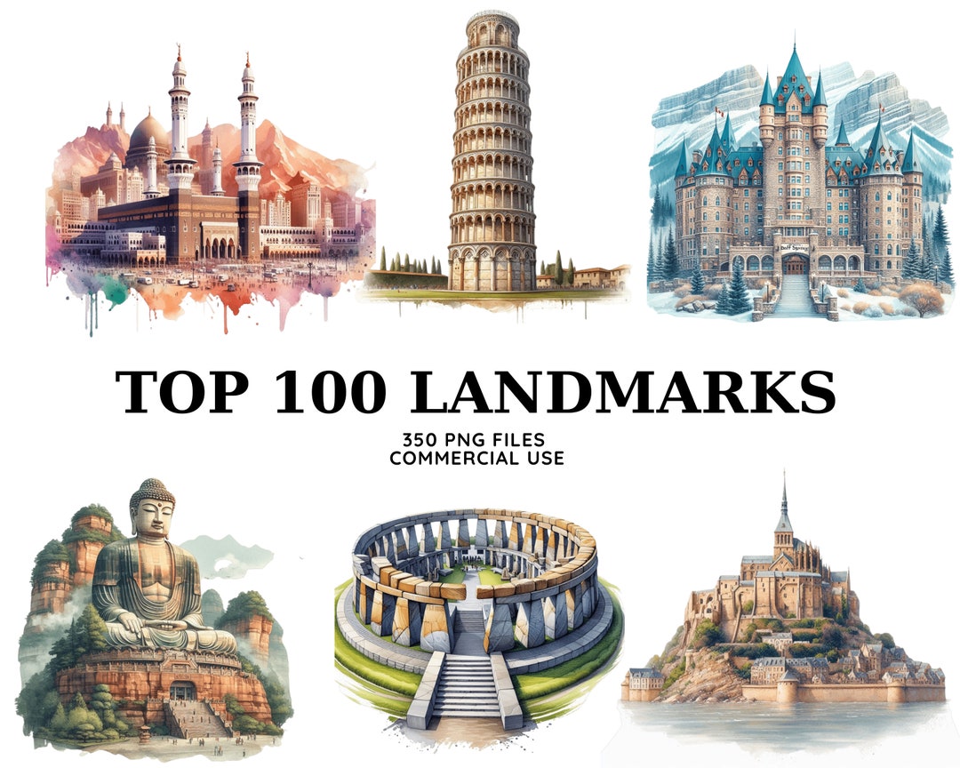 Watercolor World Landmarks Clipart: Iconic Cities PNG Graphics ...