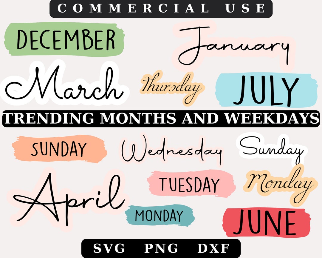 Month and Weekday Digital Stickers,goodnotes,weekdays Svg, Month Svg ...