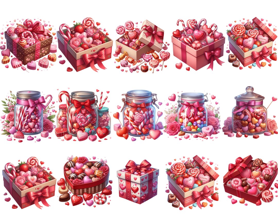 Watercolor Cute Valentines Candy Box Jar Clipart, PNG Valentines ...