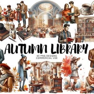Watercolor Autumn Library Clipart Bundle: Bookworm PNG Images (digital ...