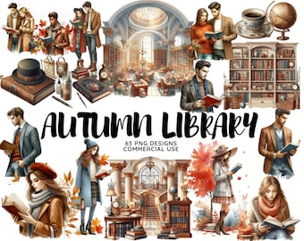 Watercolor Autumn Library Clipart Bundle, Fall Clipart PNG, Books ...