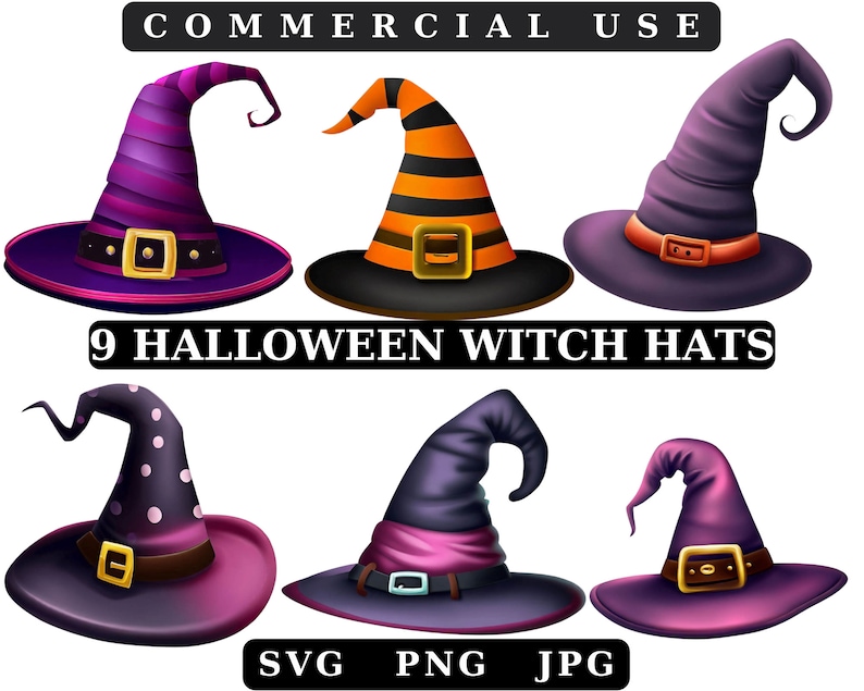 Watercolor Witch Hat Clip Art Bundle: Halloween PNG, SVG, DXF (digital ...