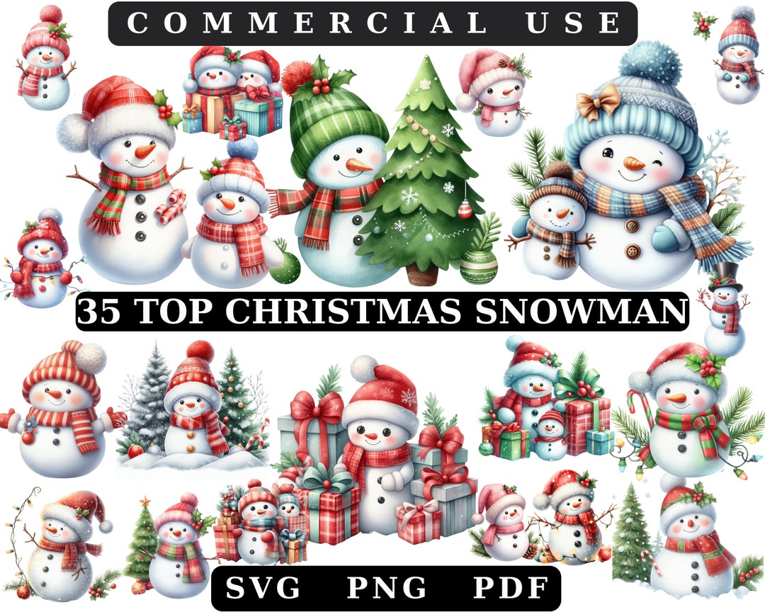 Watercolor Snowman Cuteness PNG Clipart Bundle, Festive Christmas ...
