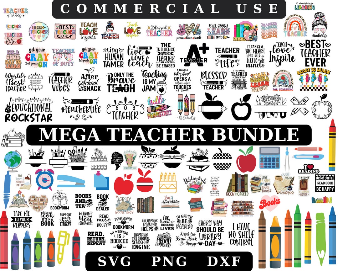 Mega Teacher SVG Bundle: Teacher Quotes, School Designs (digital ...